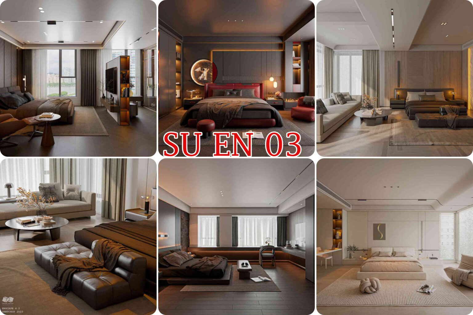 SU.EN.03 – Gồm 5 File Mẫu Nội Thất BEDROOM – Full Setting vật liệu (Sketchup Render Enscape)